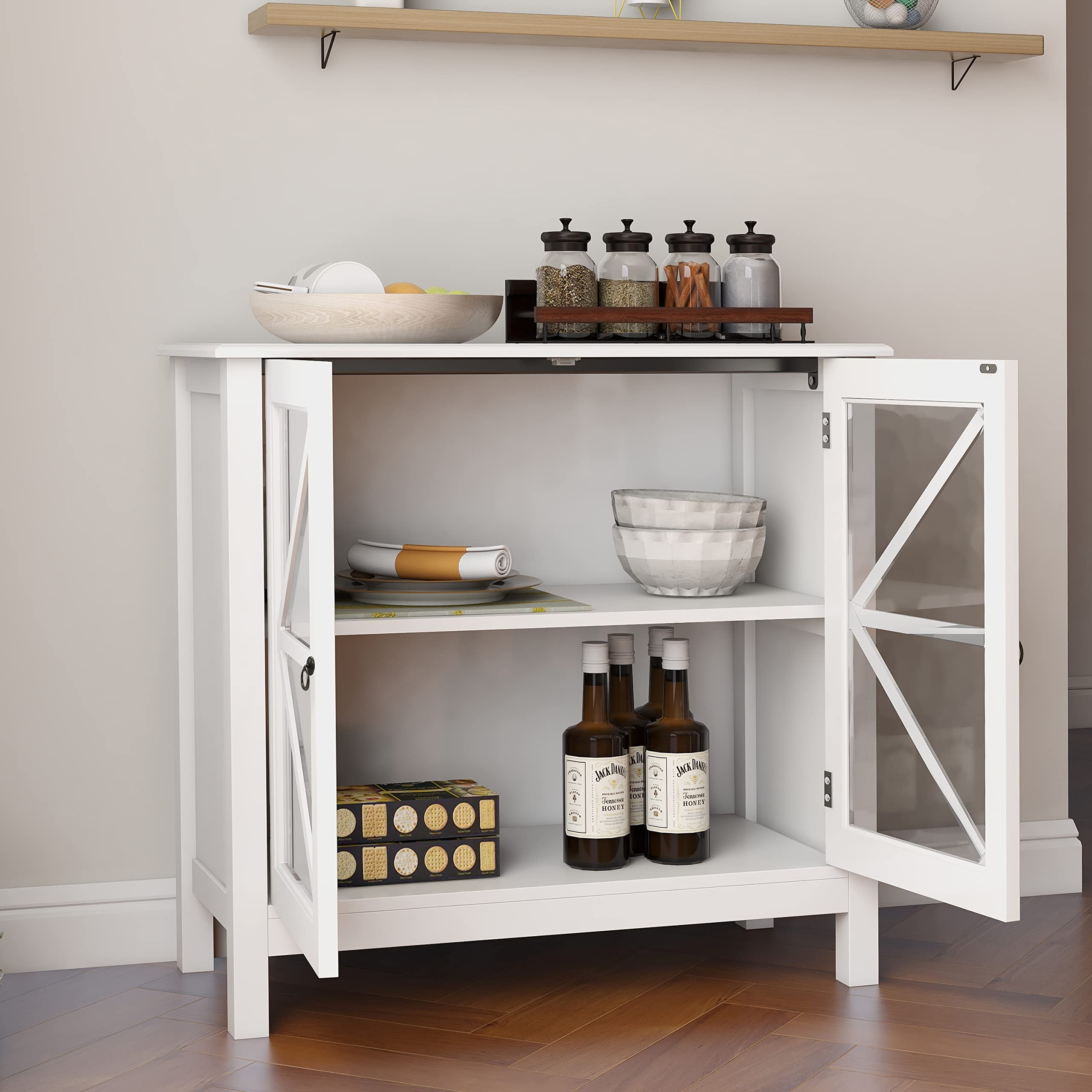 FIVESHOW Sideboard Cabinet Display Buffet Storage Cabinet with Double Framed Glass Doors Entry Cabinet for Home Kitchen Dining Room, Cupboard Console Table (White)