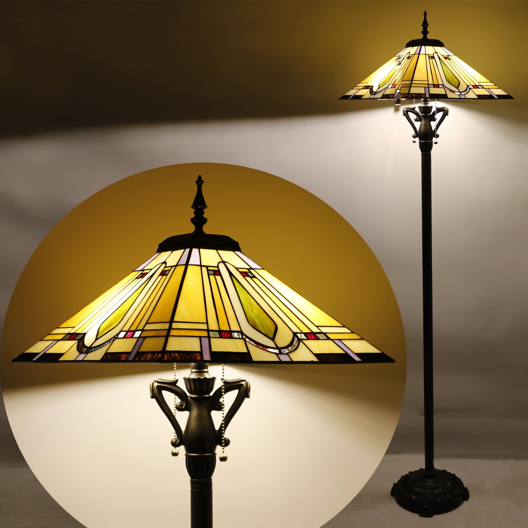 AVIVADIRECT Tiffany Floor Lamp Geometry Mission Style Stained Glass Standing Reading Light 16X16X64 Inch