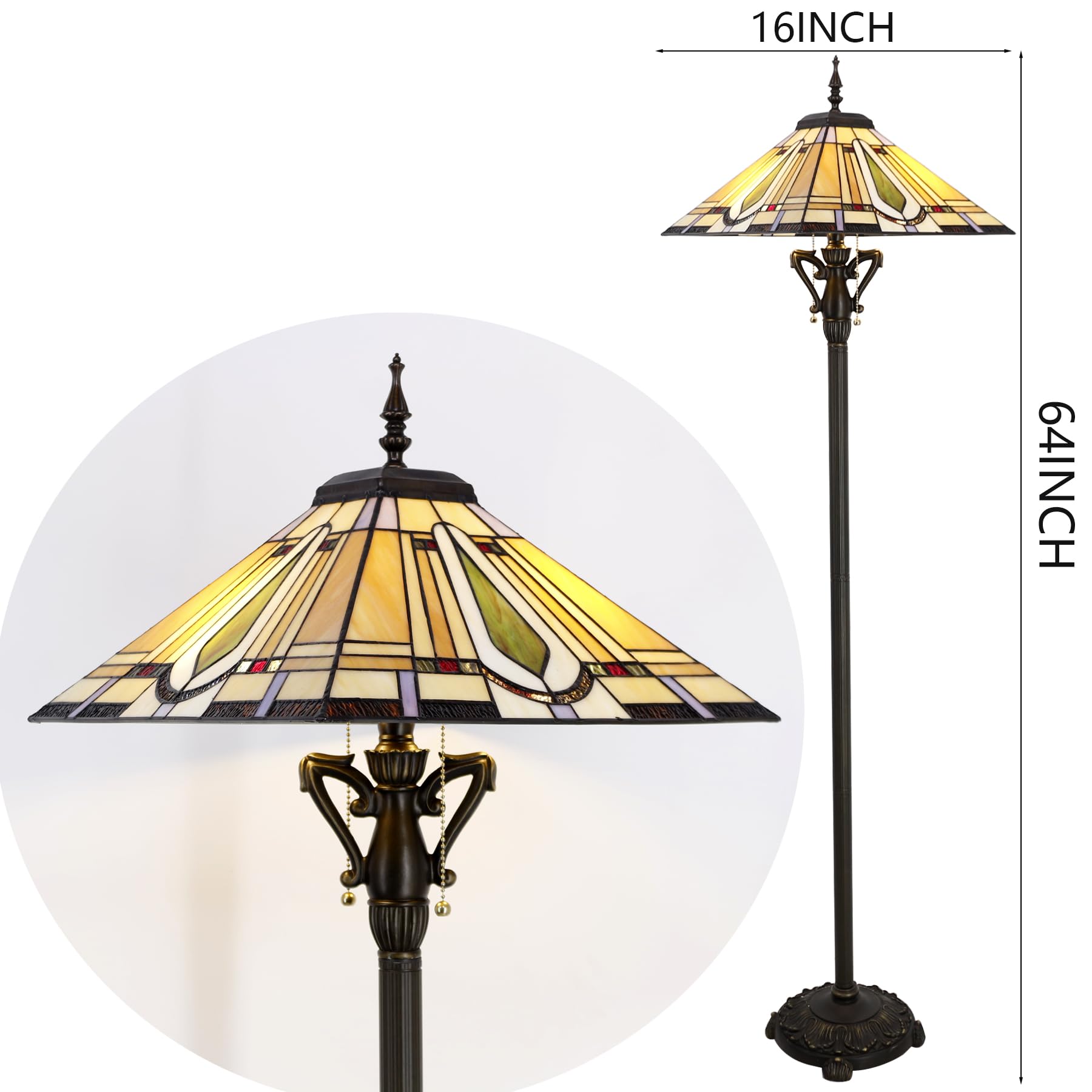 AVIVADIRECT Tiffany Floor Lamp Geometry Mission Style Stained Glass Standing Reading Light 16X16X64 Inch