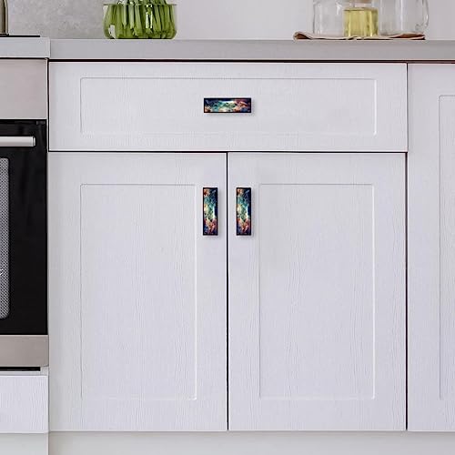 4 Pack 3.6In Double Holes Handles Pulls, Galaxy Planet Print Decorative Kitchen Cabinet Dresser Drawer Closet Cupboard Door Handles Pulls for Home Bedroom Bathroom