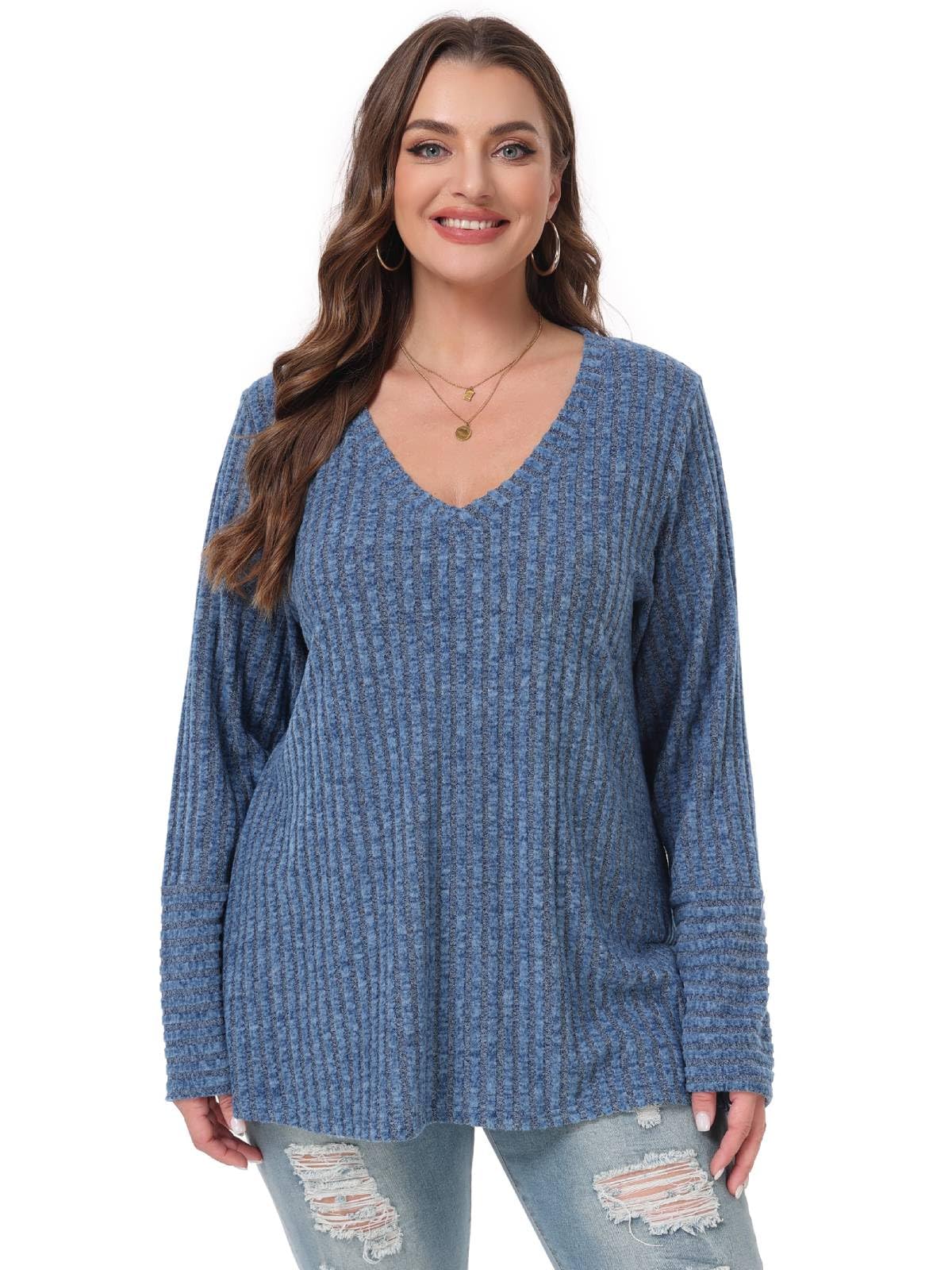 BELAROI Plus Size Long Sleeve Tops for Women Dressy Casual Shirts V Neck Tunic Sweaters Pullover Lightweight Loose Fit(2X, Navy Blue)