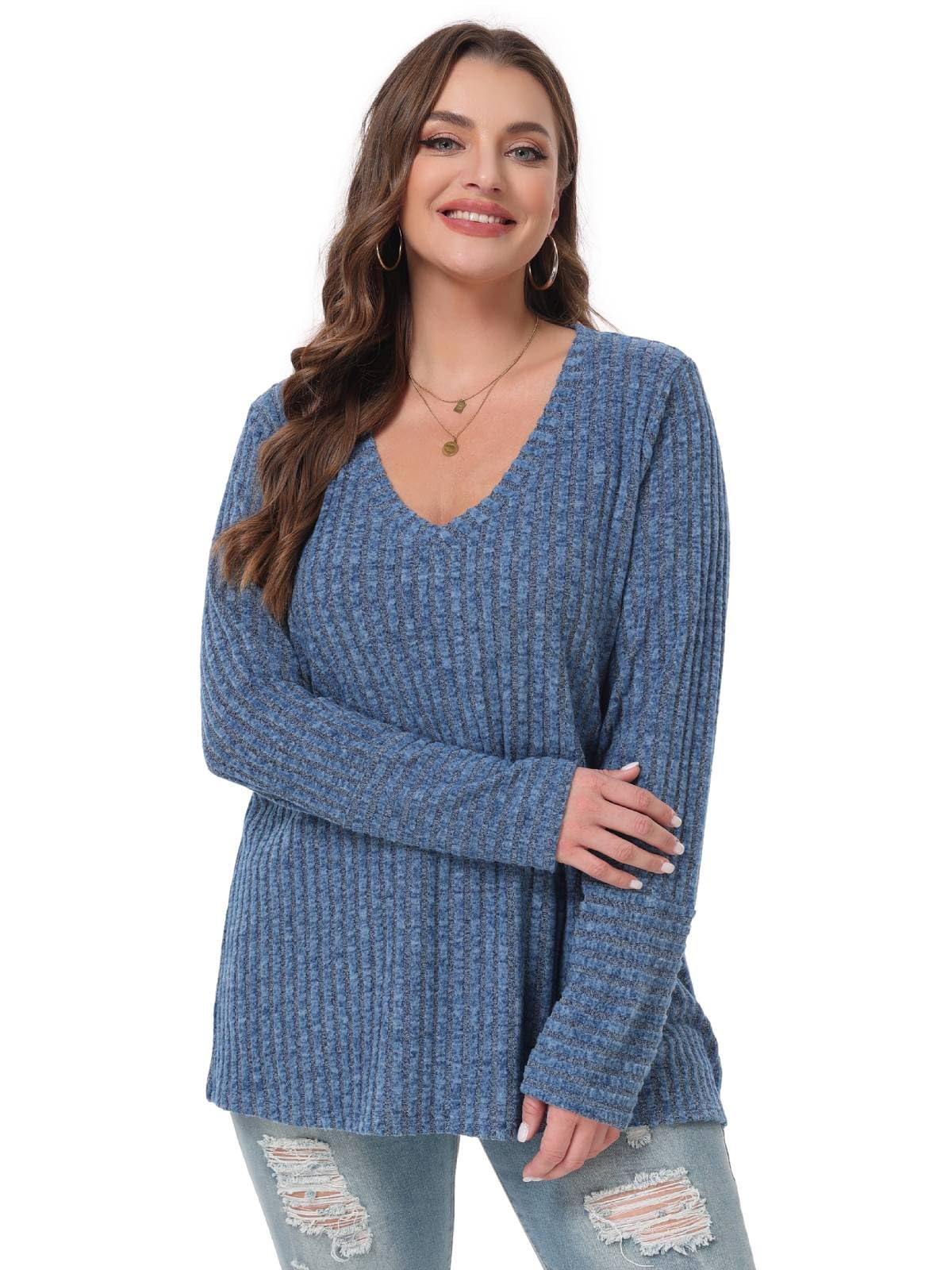 BELAROI Plus Size Long Sleeve Tops for Women Dressy Casual Shirts V Neck Tunic Sweaters Pullover Lightweight Loose Fit(2X, Navy Blue)