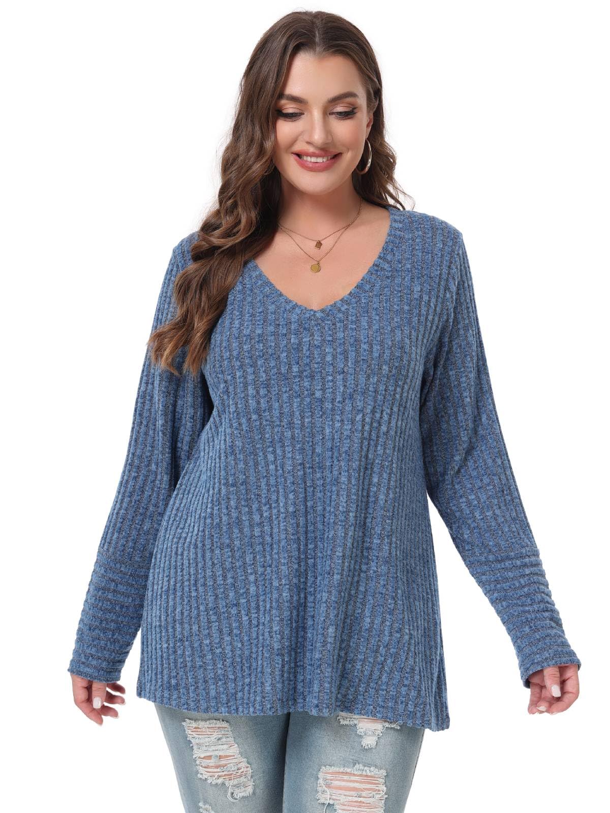 BELAROI Plus Size Long Sleeve Tops for Women Dressy Casual Shirts V Neck Tunic Sweaters Pullover Lightweight Loose Fit(2X, Navy Blue)