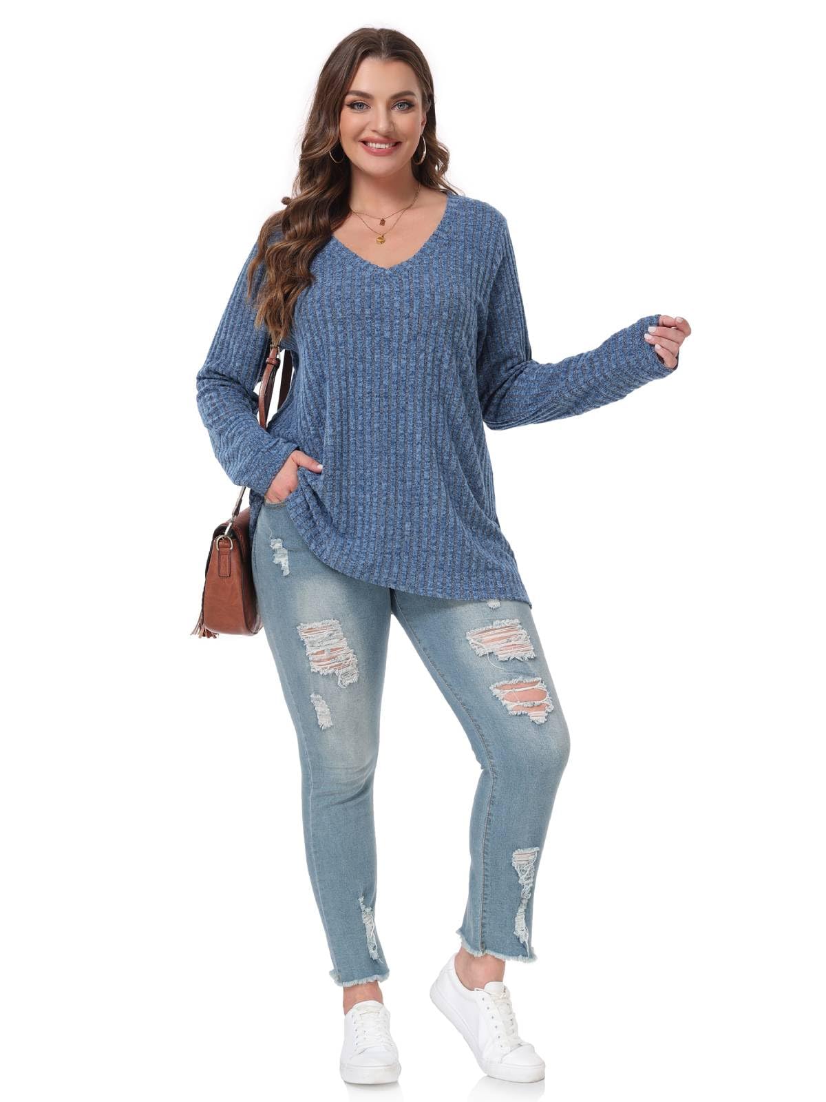 BELAROI Plus Size Long Sleeve Tops for Women Dressy Casual Shirts V Neck Tunic Sweaters Pullover Lightweight Loose Fit(2X, Navy Blue)