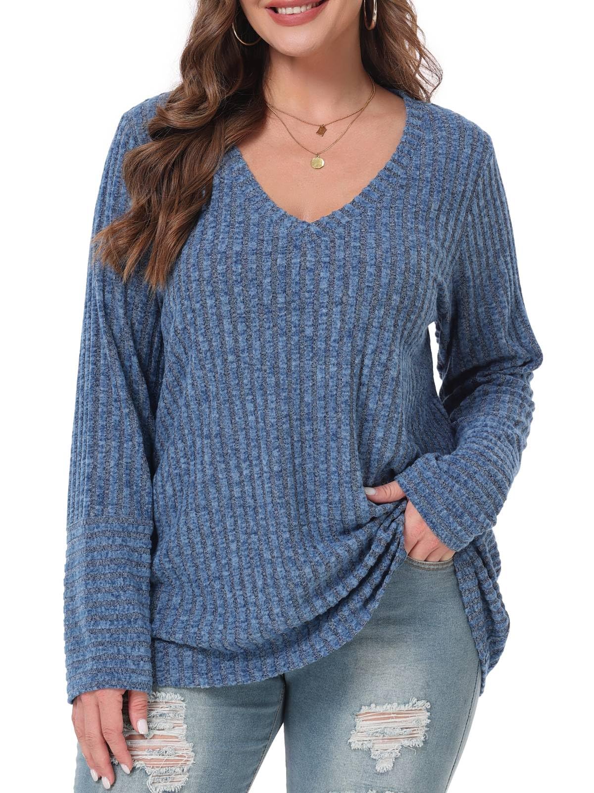 BELAROI Plus Size Long Sleeve Tops for Women Dressy Casual Shirts V Neck Tunic Sweaters Pullover Lightweight Loose Fit(2X, Navy Blue)