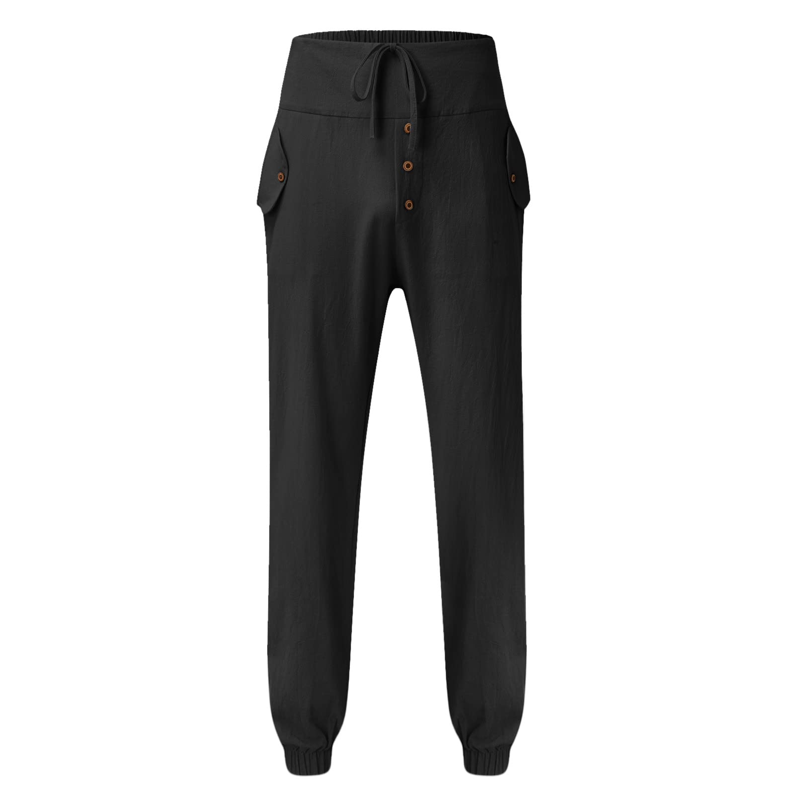 Mens Casual Pants with Elastic Waistband White Linen Pants Drawstring Elastic Waist Skinny-Fit Solid Loose Trousers Fashion Casual Double Pockets Pants Black 2X