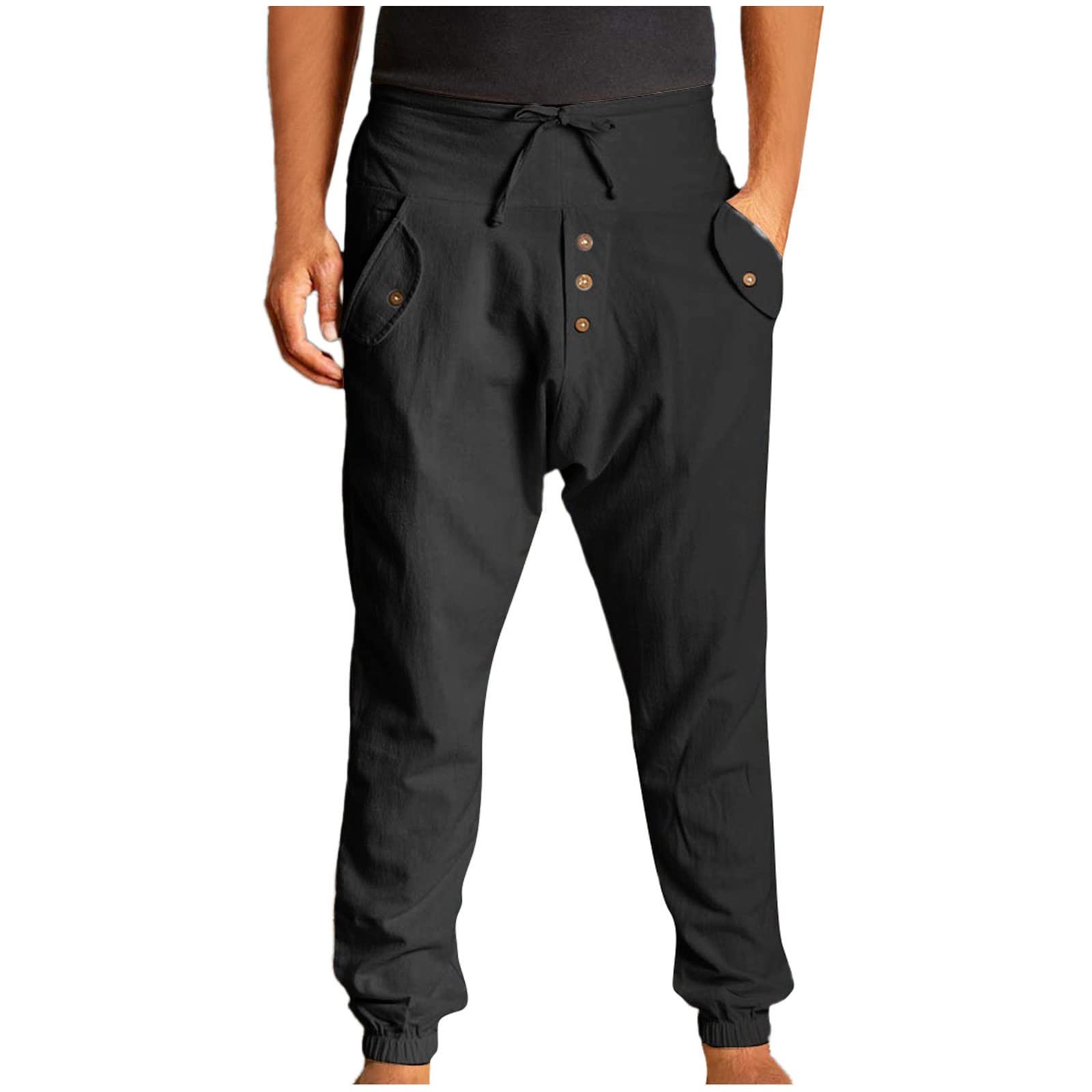 Mens Casual Pants with Elastic Waistband White Linen Pants Drawstring Elastic Waist Skinny-Fit Solid Loose Trousers Fashion Casual Double Pockets Pants Black 2X