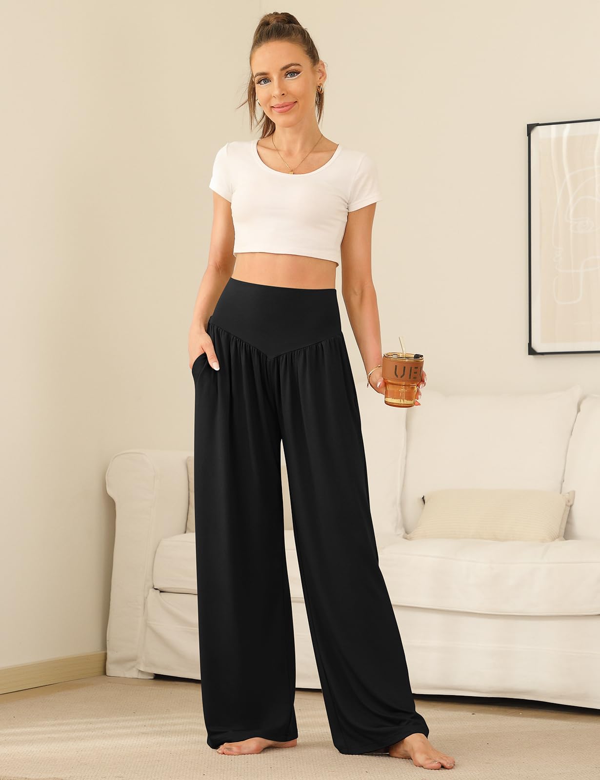 UEU Womens Wide Leg Pants Casual Loose Yoga Lounge Elastic V-Shaped High Waist Palazzo Pants with Pockets, Black, Small
