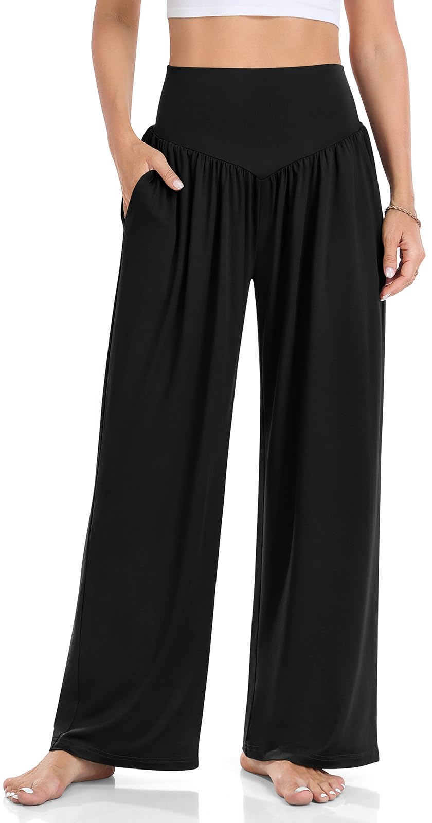 UEU Womens Wide Leg Pants Casual Loose Yoga Lounge Elastic V-Shaped High Waist Palazzo Pants with Pockets, Black, Small