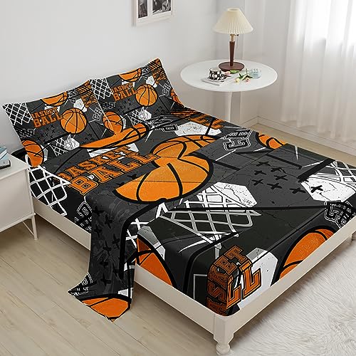 BailiPromise Basketball Sports Microfiber Flat Fitted Sheets Set for Children Graffiti Style Soft Bed Sheets Basketball Frames Kids Sheets Set Twin Size 1 Fitted Sheet, 1 Flat Sheet, 2 Pillow Cases