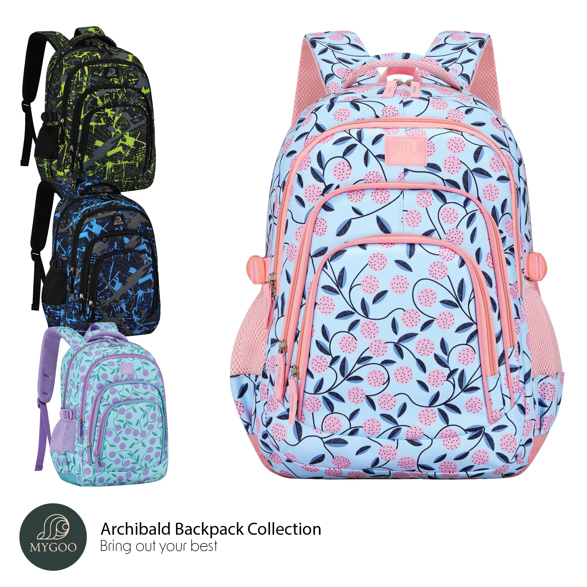 MYGOO Girls Backpack - 17" Tall Colorful School Bag, Archibald Collection, 24L Capacity, Berry Pink