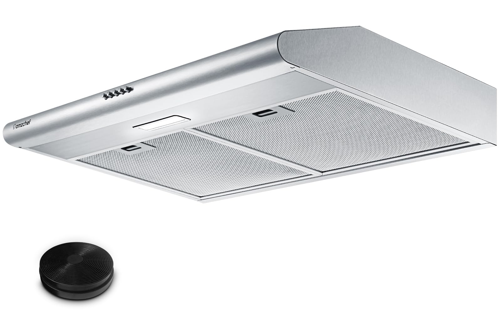 AMZCHEF Under Cabinet Range Hood 30 Inch, 250CFM Stainless Steel Kitchen Stove Vent Hood 3 Speed Exhaust Fan Button Control LED lights Dishwasher-Safe Aluminum Filters with Charcoal Filter