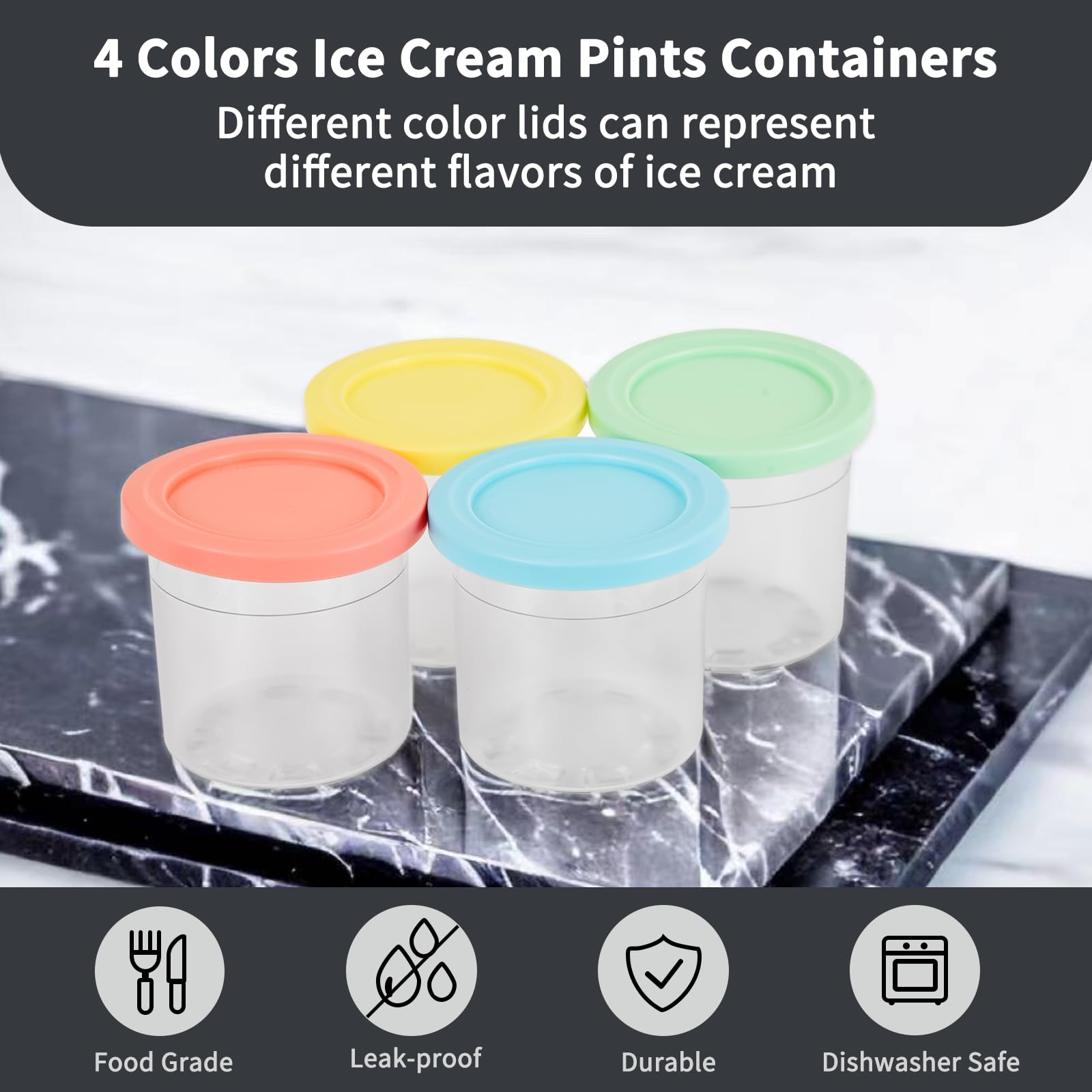 TFUTLT Containers Replacement for Ninja Creami Pints and Lids - 4 Pack with Leak Proof Lids,Ice Cream Containers Compatible with NC301 NC300 NC299Series Ice Cream Maker,Tubs Dishwasher Safe 16oz Cups