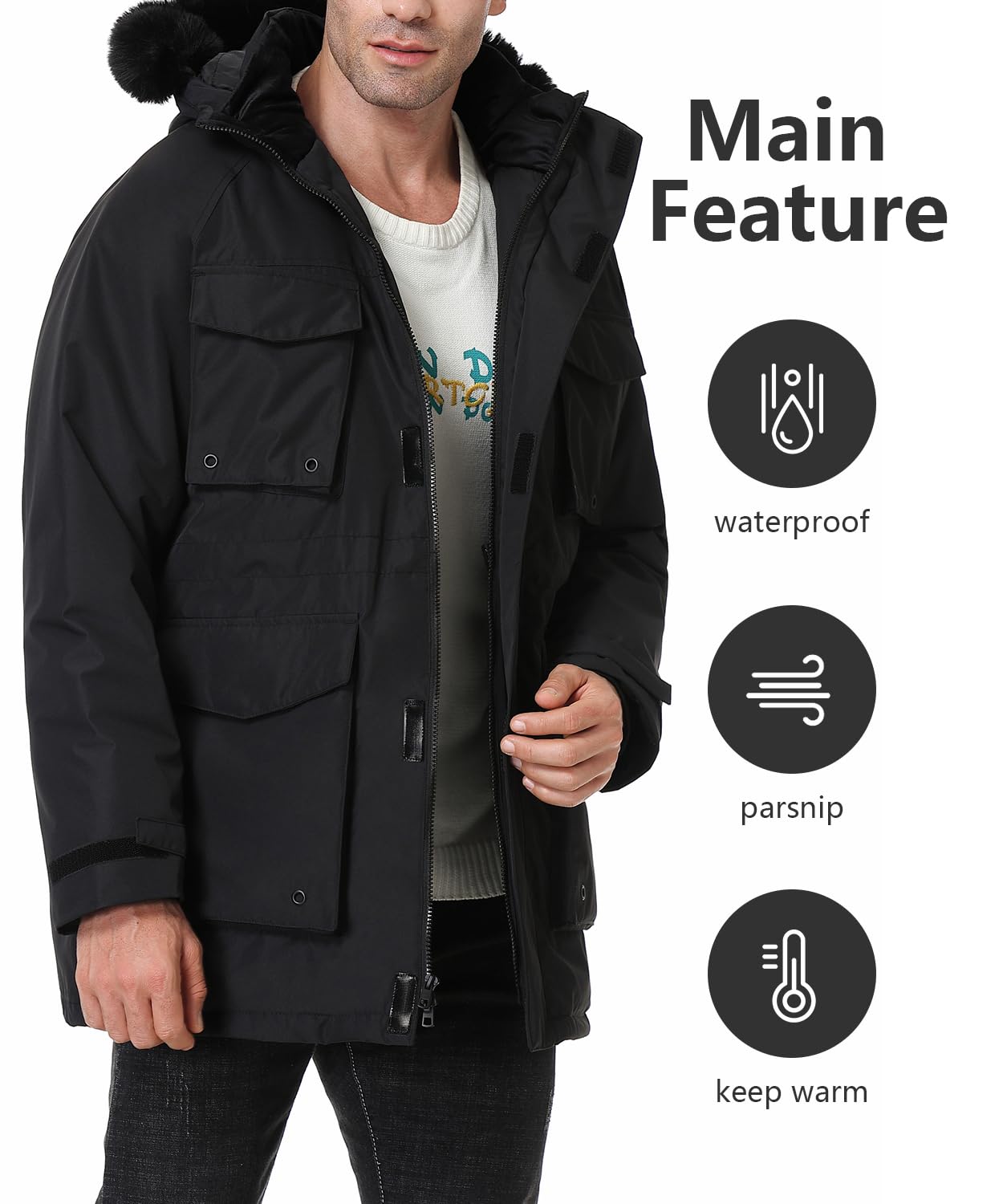 MOERDENG Men's Winter Thickened Warm Down Coats Windproof Waterproof Hooded fashions Puffer Jacket Black M
