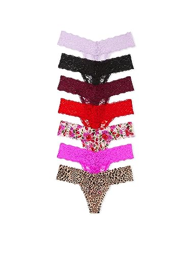 Victoria's Secret Lace Thong Panty Pack, Lay Flat Lace, Underwear for Women, 7 Pack, Playful Solids & Prints (M)