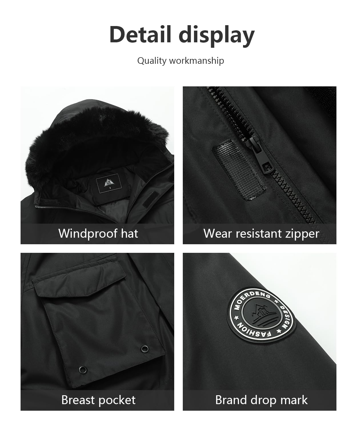 MOERDENG Men's Winter Thickened Warm Down Coats Windproof Waterproof Hooded fashions Puffer Jacket Black M