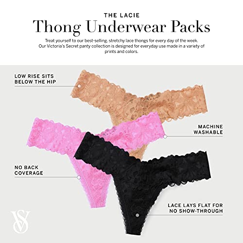 Victoria's Secret Lace Thong Panty Pack, Lay Flat Lace, Underwear for Women, 7 Pack, Playful Solids & Prints (M)