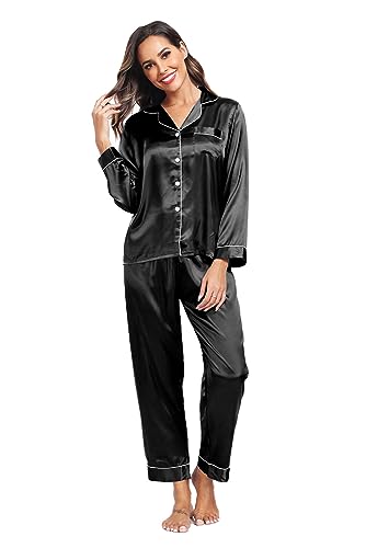Super Shopping-zone Women's Soft Long Satin Pajama Set Long Sleeve Pjs Set Sleepwear Silk Loungewear Black