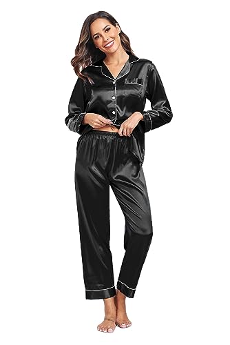 Super Shopping-zone Women's Soft Long Satin Pajama Set Long Sleeve Pjs Set Sleepwear Silk Loungewear Black