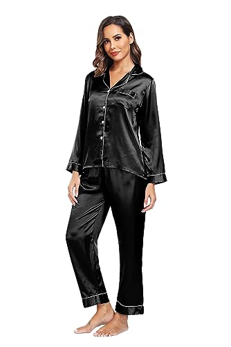 Super Shopping-zone Women's Soft Long Satin Pajama Set Long Sleeve Pjs Set Sleepwear Silk Loungewear Black
