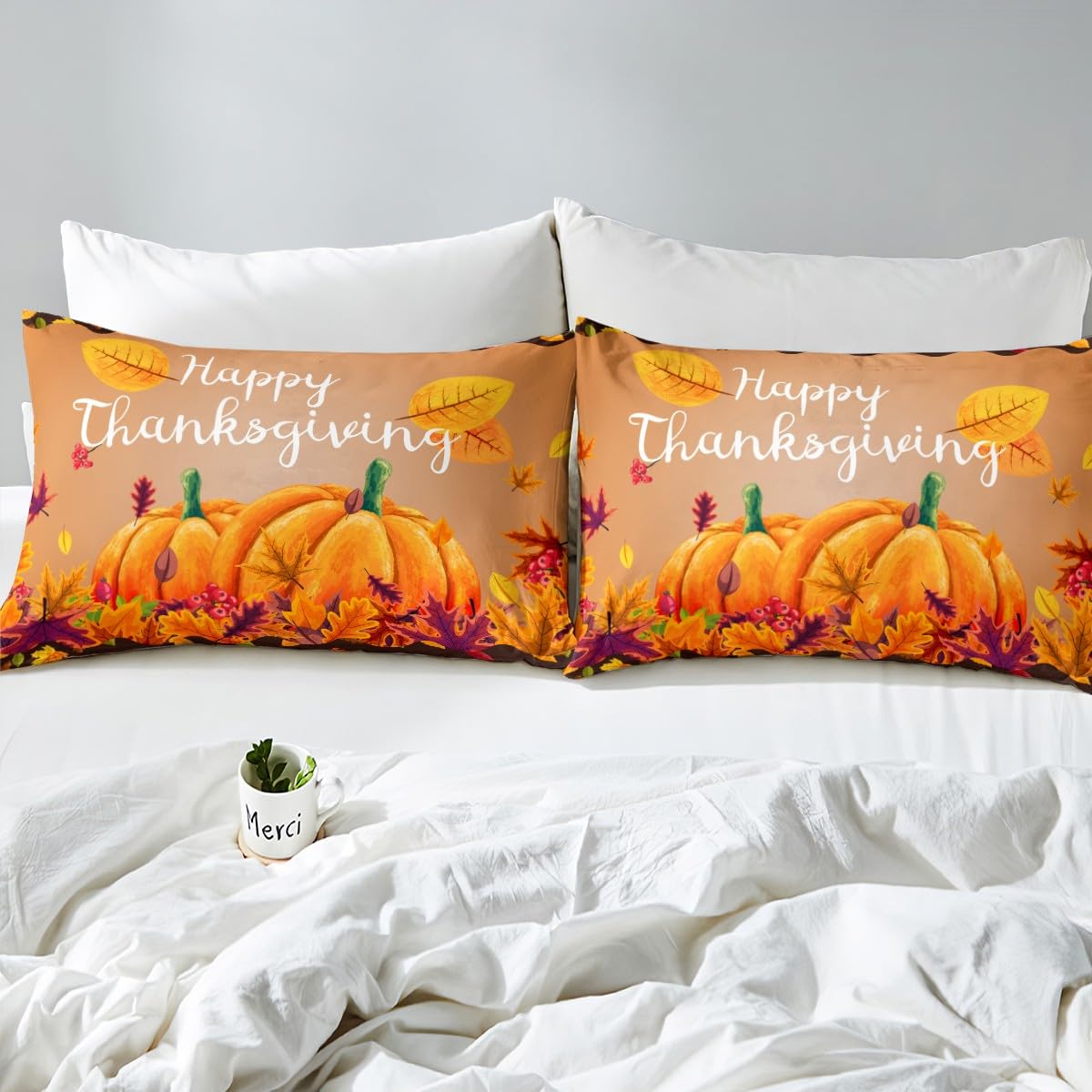 Feelyou Autumn Harvest Bed Sheet Set for Kids Boys Girls 3 Pieces Happy Thanksgiving Day Bedding Set Fall Pumpkin Fitted Sheet with 1 Flat Sheet & 1 Pillowcase Twin Size