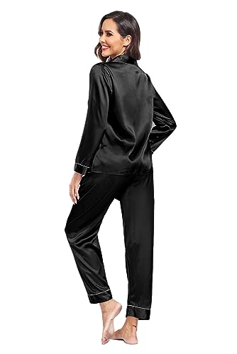 Super Shopping-zone Women's Soft Long Satin Pajama Set Long Sleeve Pjs Set Sleepwear Silk Loungewear Black