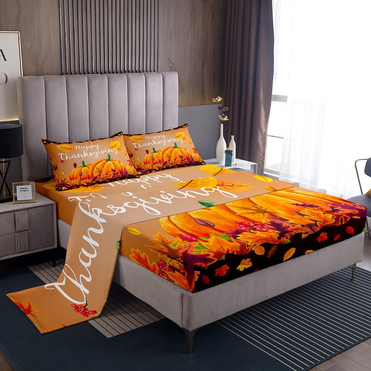 Feelyou Autumn Harvest Bed Sheet Set for Kids Boys Girls 3 Pieces Happy Thanksgiving Day Bedding Set Fall Pumpkin Fitted Sheet with 1 Flat Sheet & 1 Pillowcase Twin Size