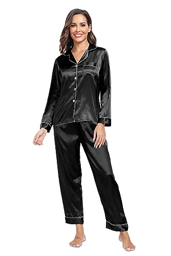 Super Shopping-zone Women's Soft Long Satin Pajama Set Long Sleeve Pjs Set Sleepwear Silk Loungewear Black