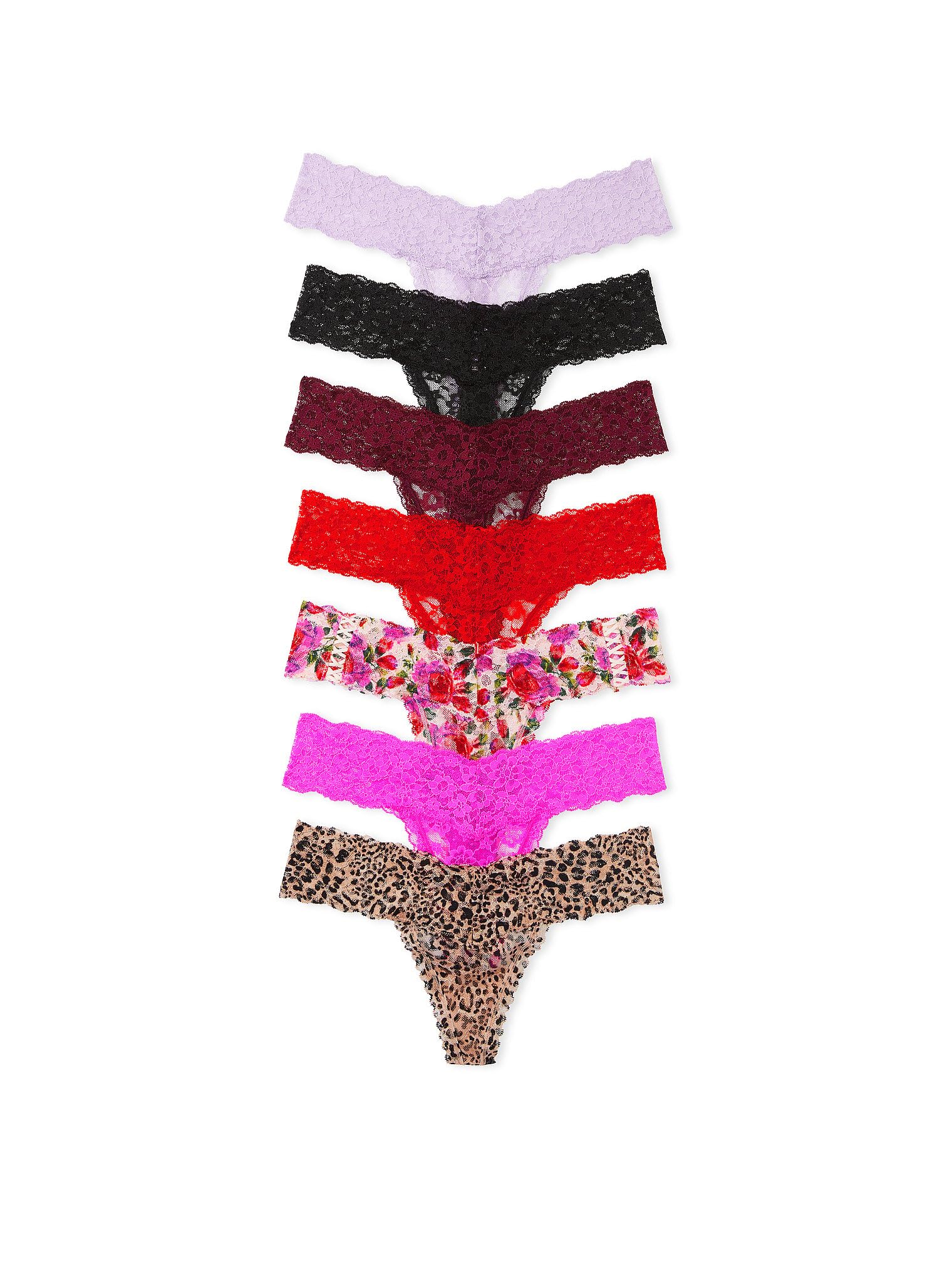 Victoria's Secret Lace Thong Panty Pack, Lay Flat Lace, Underwear for Women, 7 Pack, Playful Solids & Prints (XL)