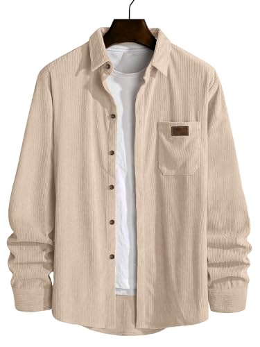 Comdecevis Men's Corduroy Button Down Shirt Casual Shirts Long Sleeve Shacket Jacket with Pocket Khaki Large