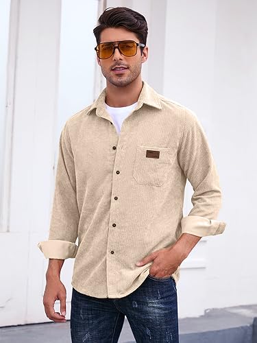 Comdecevis Men's Corduroy Button Down Shirt Casual Shirts Long Sleeve Shacket Jacket with Pocket Khaki Large