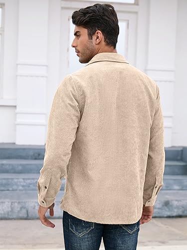 Comdecevis Men's Corduroy Button Down Shirt Casual Shirts Long Sleeve Shacket Jacket with Pocket Khaki Large