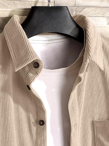Comdecevis Men's Corduroy Button Down Shirt Casual Shirts Long Sleeve Shacket Jacket with Pocket Khaki Large