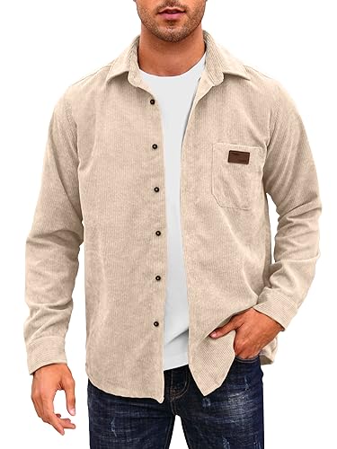 Comdecevis Men's Corduroy Button Down Shirt Casual Shirts Long Sleeve Shacket Jacket with Pocket Khaki Large