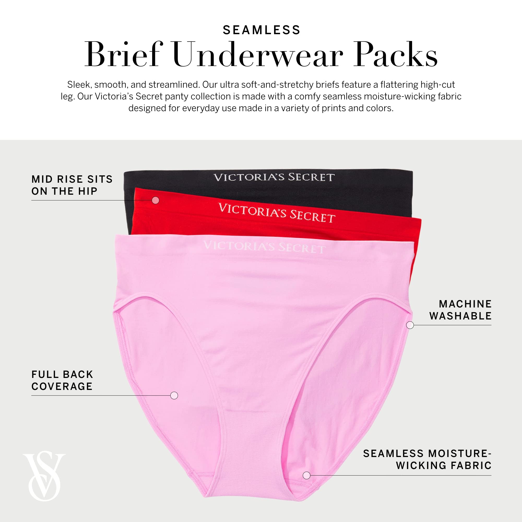 Victoria's Secret Seamless Brief Panty Pack, High Leg Cut, Underwear for Women, 7 Pack, Solids & Polka Dots (XL)