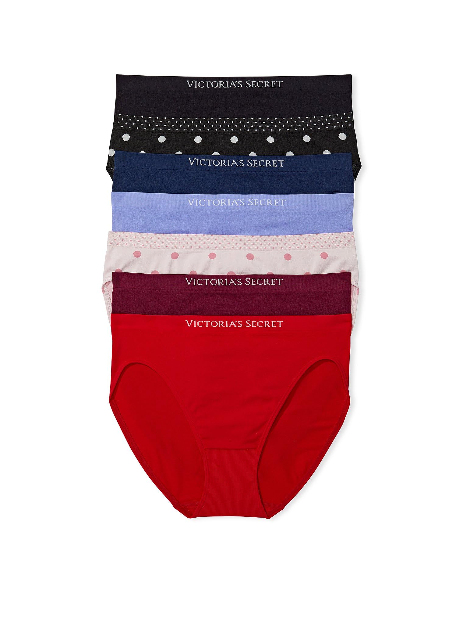 Victoria's Secret Seamless Brief Panty Pack, High Leg Cut, Underwear for Women, 7 Pack, Solids & Polka Dots (XL)