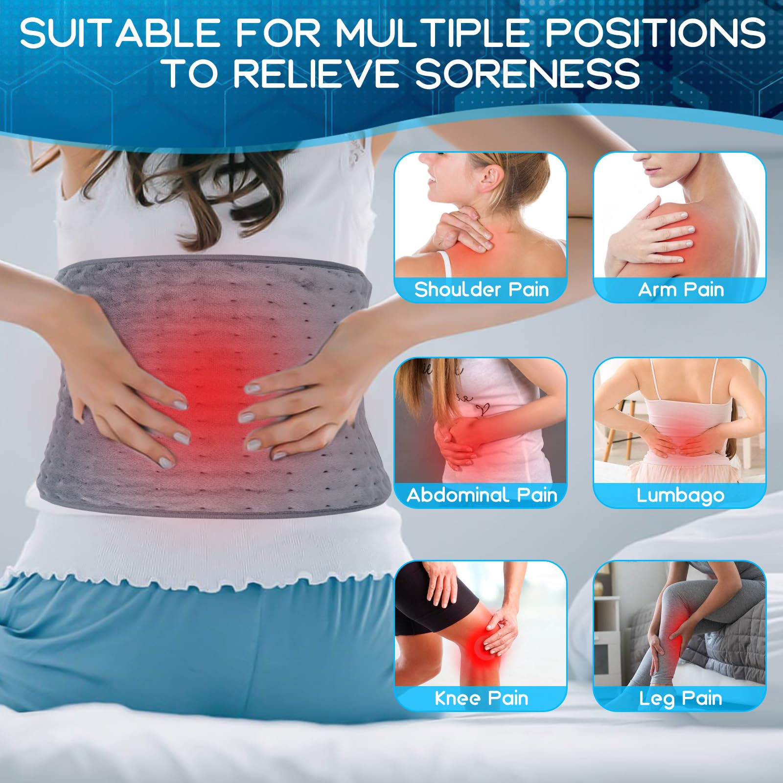 Heating Pad for Back Pain and Cramps Relief, Heating Pad Belt, Lower Back Heating Pad, with 4 Timer Settings 11.8x23.6 Inch, with Auto Off and 6 Heat Setting for Back Pain Relief and Cramps Gray
