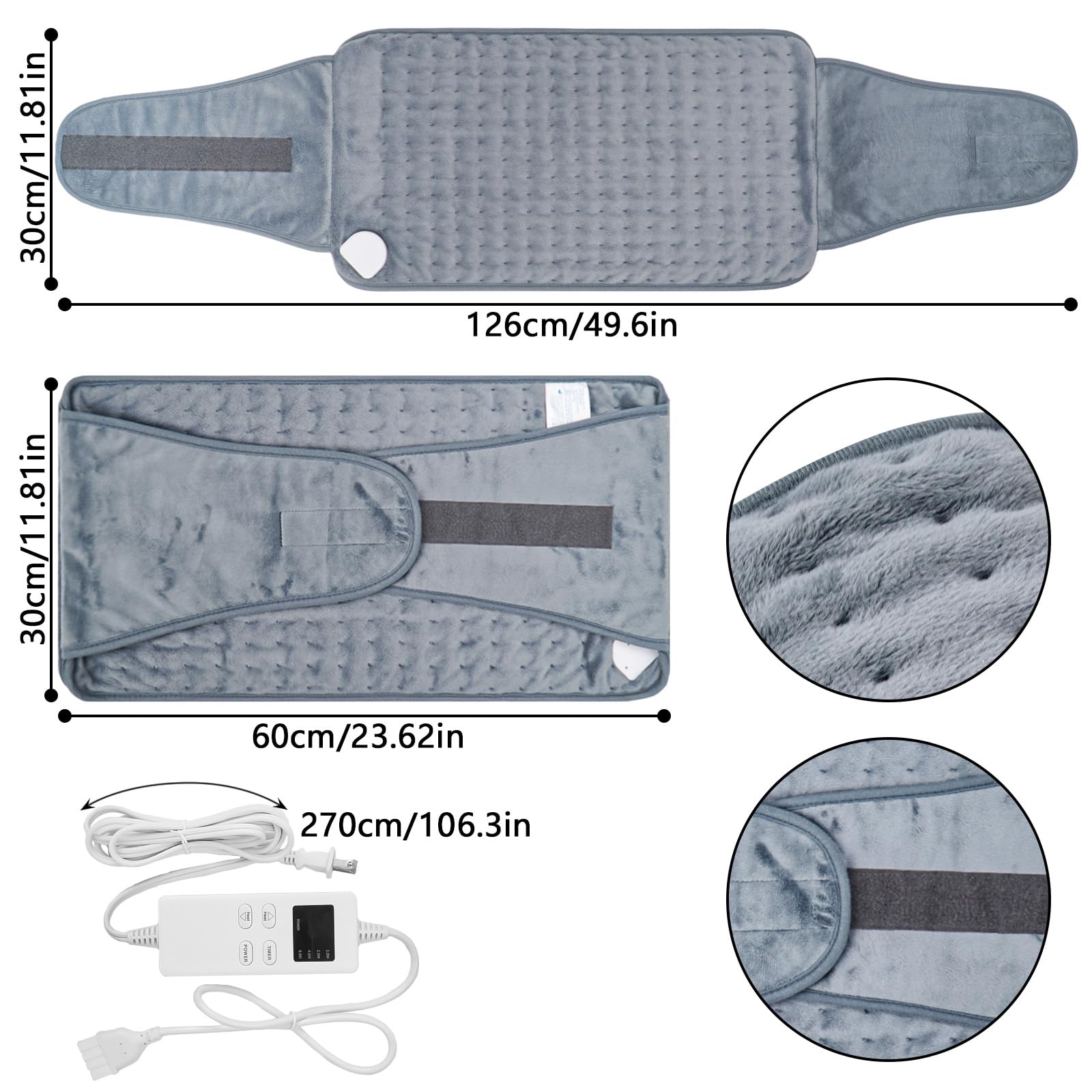 Heating Pad for Back Pain and Cramps Relief, Heating Pad Belt, Lower Back Heating Pad, with 4 Timer Settings 11.8x23.6 Inch, with Auto Off and 6 Heat Setting for Back Pain Relief and Cramps Gray