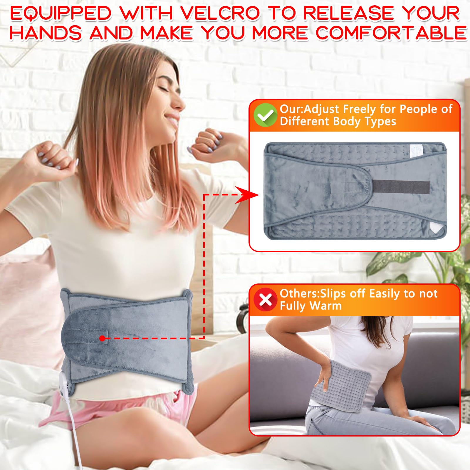 Heating Pad for Back Pain and Cramps Relief, Heating Pad Belt, Lower Back Heating Pad, with 4 Timer Settings 11.8x23.6 Inch, with Auto Off and 6 Heat Setting for Back Pain Relief and Cramps Gray