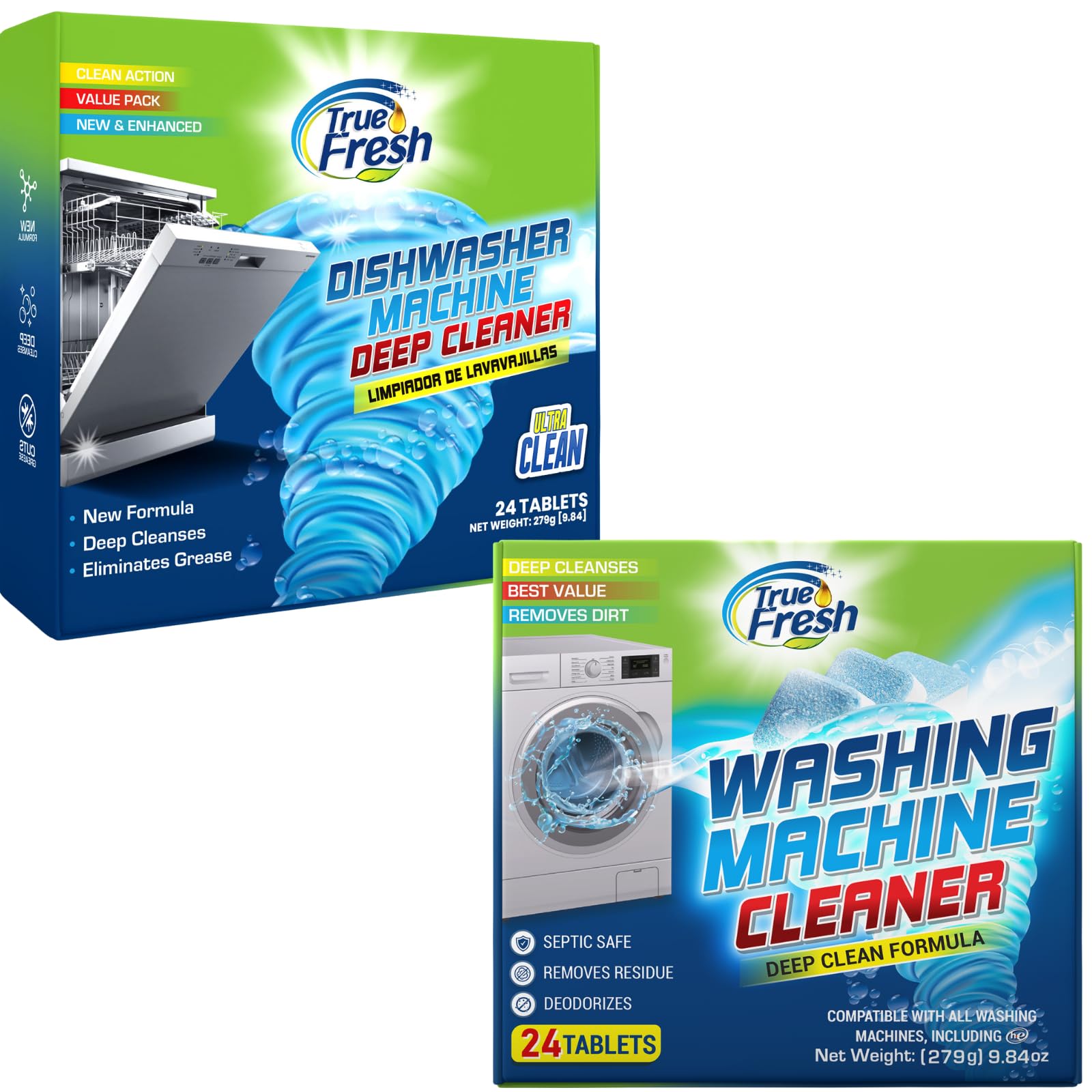 Washing Machine Cleaner & Dishwasher Cleaner Tablets - 48-Pack Bundle Compatible with Front Loader - Top Loader & He Machines and all Dishwashers Removes Buildup Lime Scales and residues - Septic Safe
