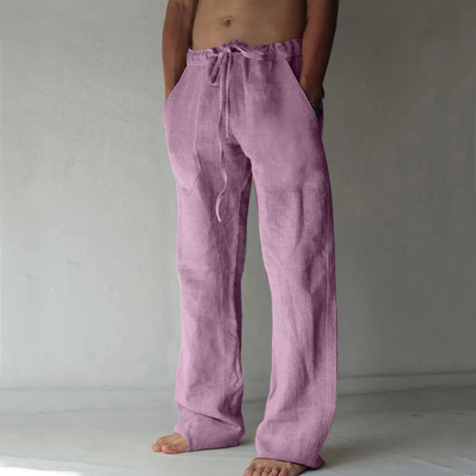 Men Pants Elastic Waistband Mens Lightweight Pants Casual Stylish Cotton Linen Loose Trouser Summer Drawstring Elastic Waist Beach Sweatpants Pink M