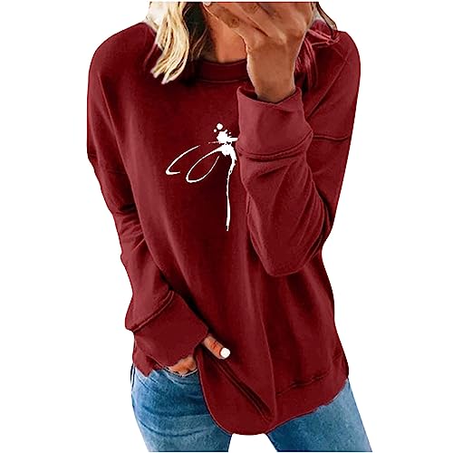 ZDRZK today 2023 clearance sweatshirt for women Women Fall Fashion Sweatshirts Dressy Casual Dragonfly Print Tunic Shirts Long Sleeve Crewneck Pullover Blouse Red S