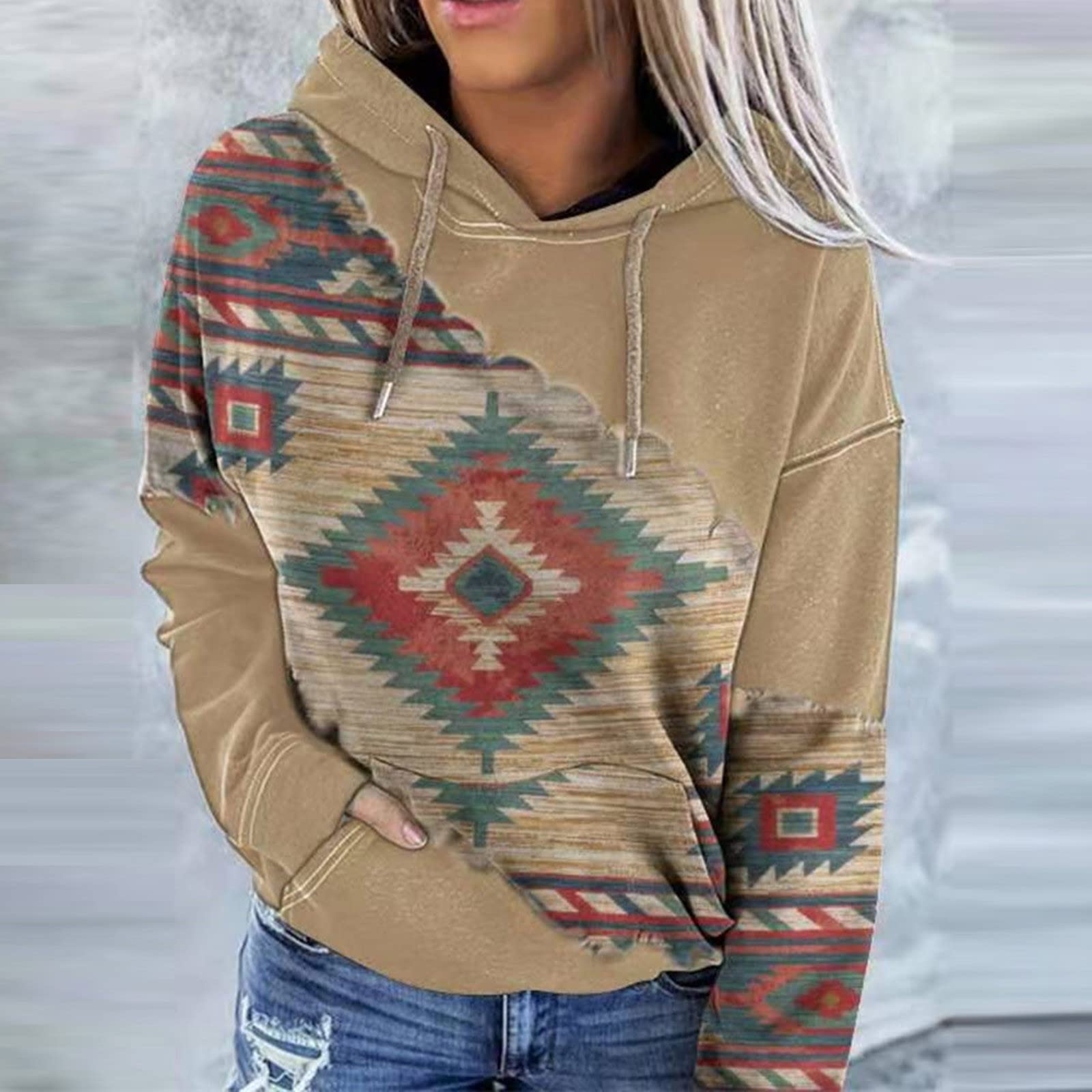 ZDRZK lighten sweatshirt for women zip up Womens Long Sleeve Hooded Sweatshirt Trendy 2023 Western Aztec Print Pullover Hoodies Casual y2k Clothes Khaki 2X
