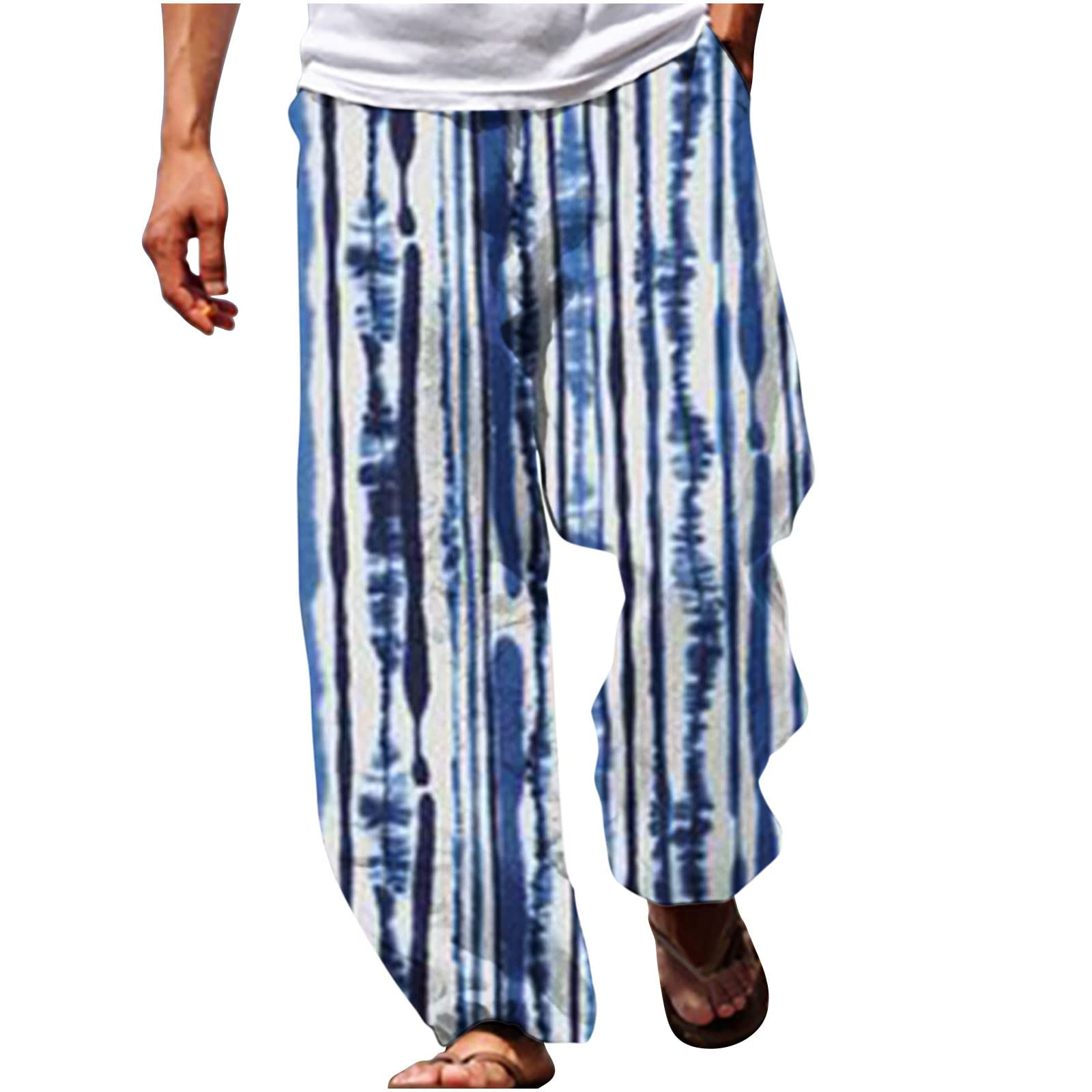 Muscularfit Baggy Cargo Pants Men Mens Casual Pants with Elastic Waistband Trousers for Men 2203 Cotton Linen Fashion Print Loose Pants Casual Lounge Drawstring Elastic Waist Straight Legs Sky Blue L