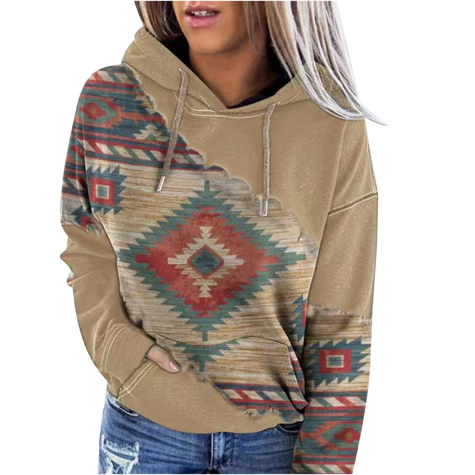 ZDRZK lighten sweatshirt for women zip up Womens Long Sleeve Hooded Sweatshirt Trendy 2023 Western Aztec Print Pullover Hoodies Casual y2k Clothes Khaki 2X
