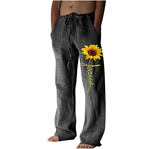 Muscularfit Cargo Pants Men Mens Casual Dress Pants Elastic Waistband Mens Lounge Pants Casual Loose Drawstring Elastic Waist Cotton Linen Trousers Summer Print Solid Straight Legs Dark Gray XL