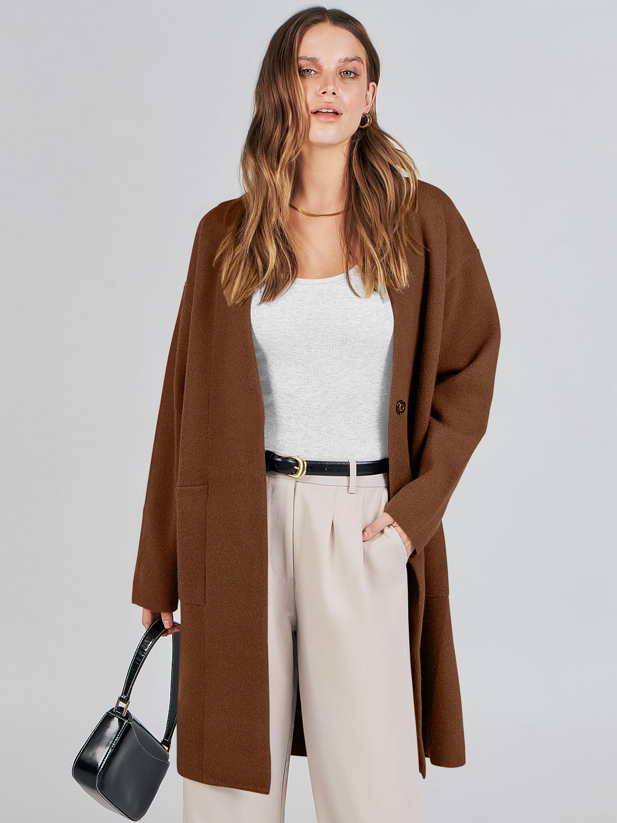 ANRABESS Women's 2023 Cardigan Coat Long Sleeve Open Front Knit Casual Coatigan Sweater Classy Trendy Clothes Spring Going Out Jacket Outwear B1123jiaotang-M, Caramel