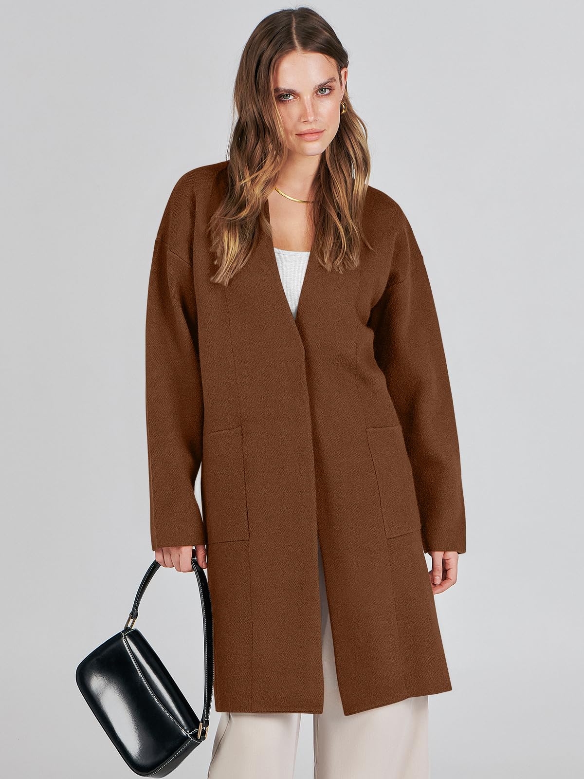 ANRABESS Women's 2023 Cardigan Coat Long Sleeve Open Front Knit Casual Coatigan Sweater Classy Trendy Clothes Spring Going Out Jacket Outwear B1123jiaotang-M, Caramel