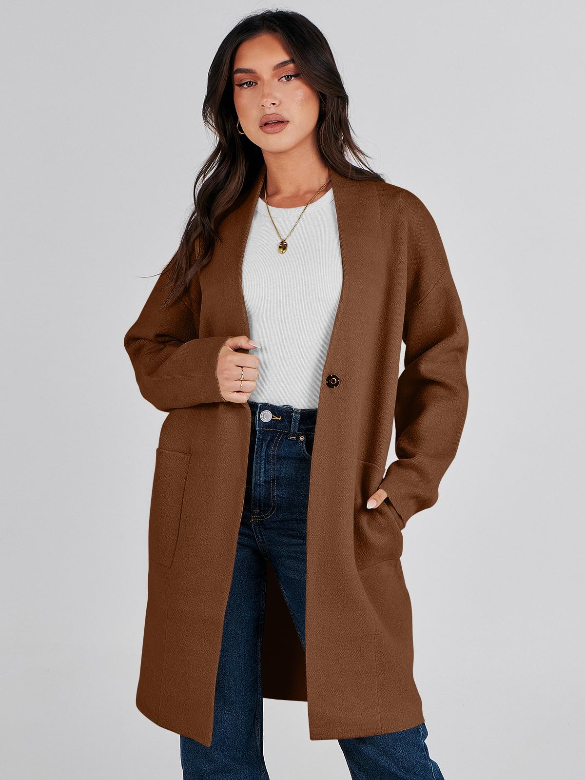 ANRABESS Women's 2023 Cardigan Coat Long Sleeve Open Front Knit Casual Coatigan Sweater Classy Trendy Clothes Spring Going Out Jacket Outwear B1123jiaotang-M, Caramel