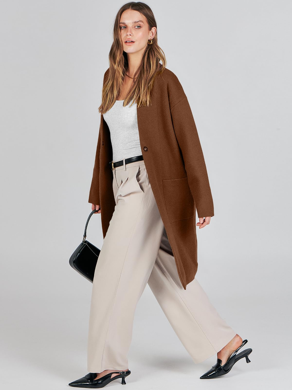 ANRABESS Women's 2023 Cardigan Coat Long Sleeve Open Front Knit Casual Coatigan Sweater Classy Trendy Clothes Spring Going Out Jacket Outwear B1123jiaotang-M, Caramel